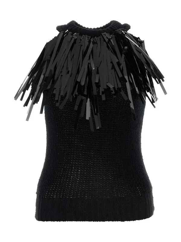 JIL SANDER Stretch Cotton Top With Fringe Detail - Black