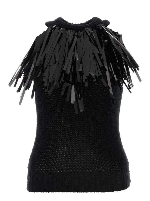 JIL SANDER Stretch Cotton Top With Fringe Detail - Black