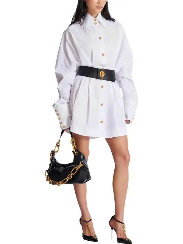 Balmain Cotton Poplin Shirt Dress With Gold-tone Buttons - White