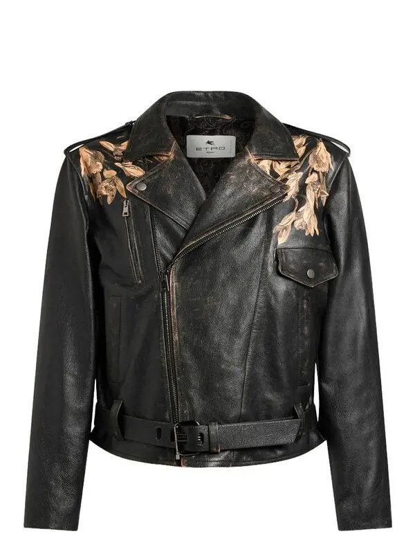 Etro Leather Biker Jacket With Animal Print - Black