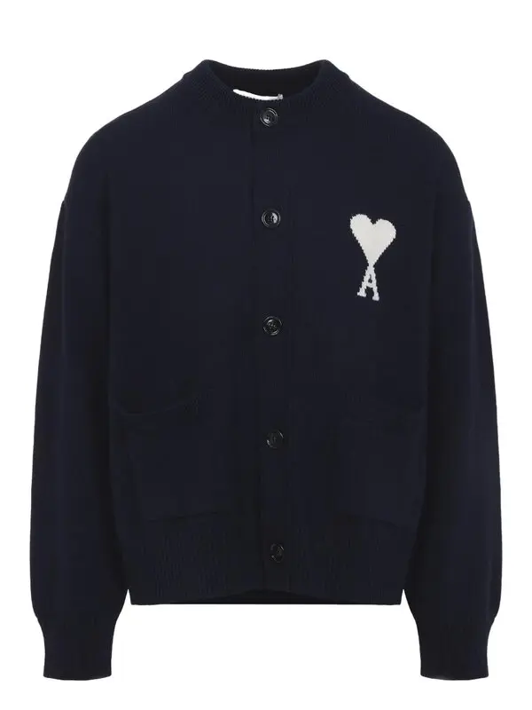 Ami Wool And Cotton Cardigan With Logo Inlay - Blue