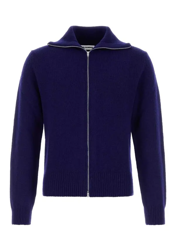 JIL SANDER Wool Blend Zip Up Cardigan - Blue