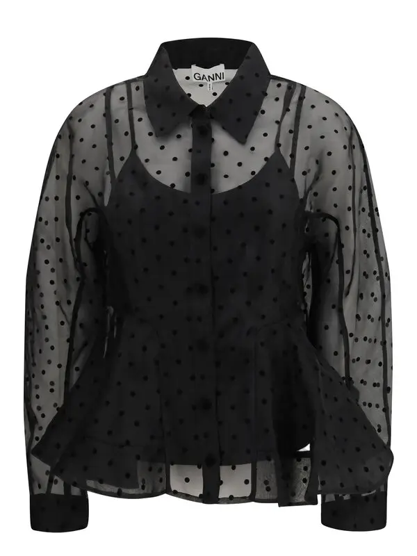 GANNI Polka Dot Sheer Organza Peplum Shirt - Black