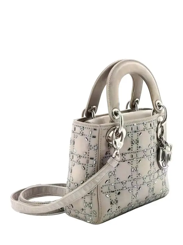 Dior Lady Bag Crystal Embellished Cannage Quilt Satin Mini Satchel - Neutrals