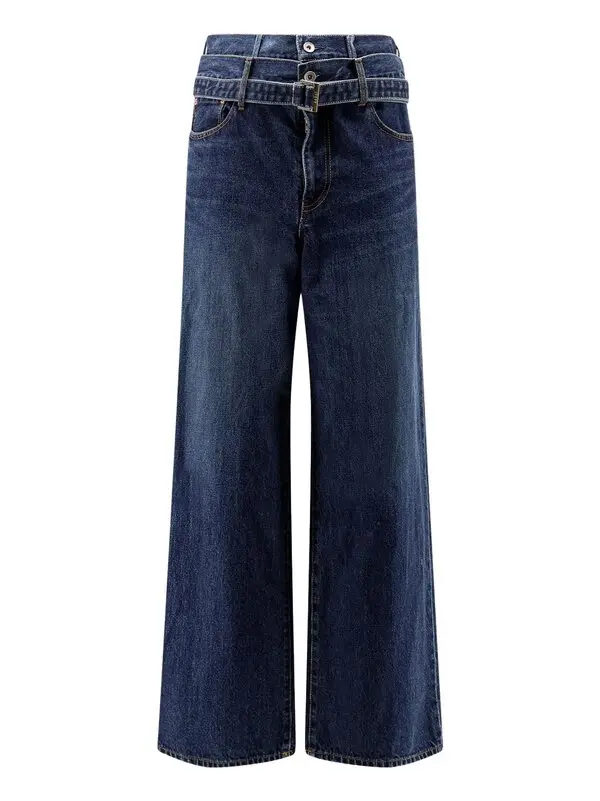 Sacai Wide Leg Denim Jeans With Buckled Belt - Blue