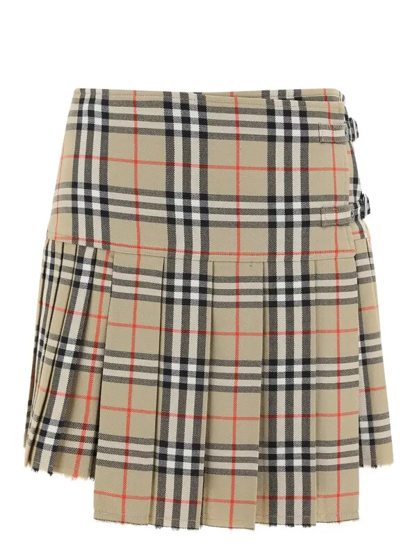 Burberry Zoe Skirt Archive Check Wool With Asymmetric Pleated Hem - Cream