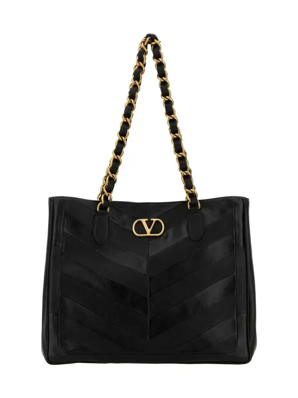 Valentino Garavani Lambskin Leather Shopping Bag With Gold Tone Chain Detail - Black