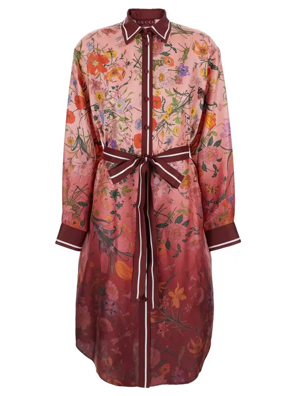 Gucci Silk Flora Print Dress With Removable Belt - Multicolor