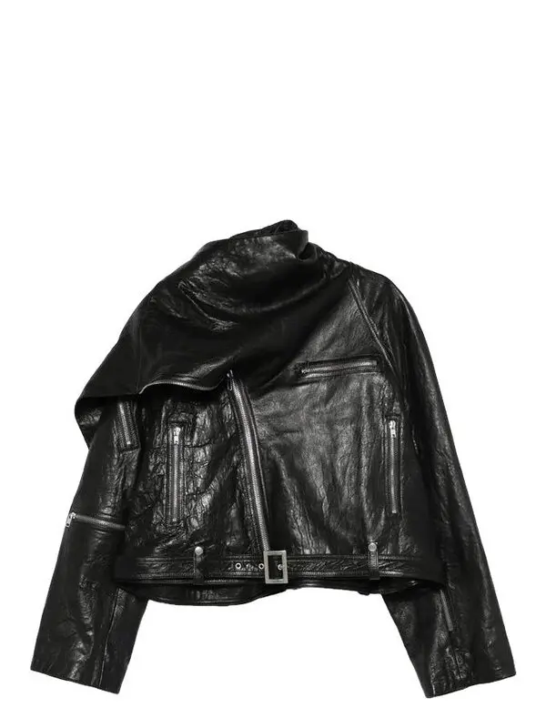 Rick Owens Lambskin Leather High Neck Belted Jacket - Black