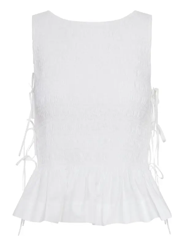 GANNI Cotton Top With Smocked Texture And Gathered Hem - White