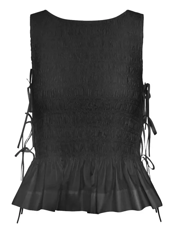 GANNI Cotton Smocked Peplum Top - Black