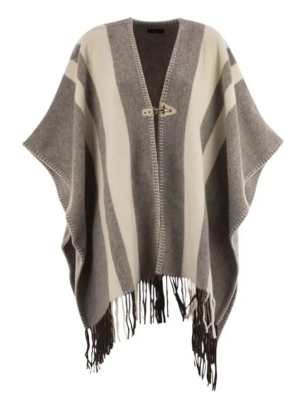 FAY Two-tone Wool Poncho With Hook Closure And Fringe - Multicolor