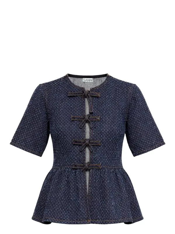 GANNI Peplum Blouse With Bow Detail - Blue