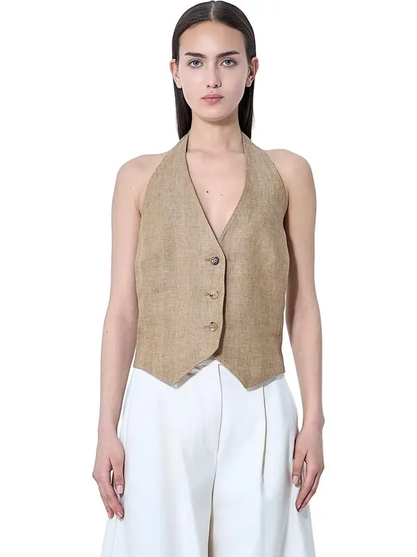 Max Mara Sauro Halterneck Waistcoat In Linen - Brown