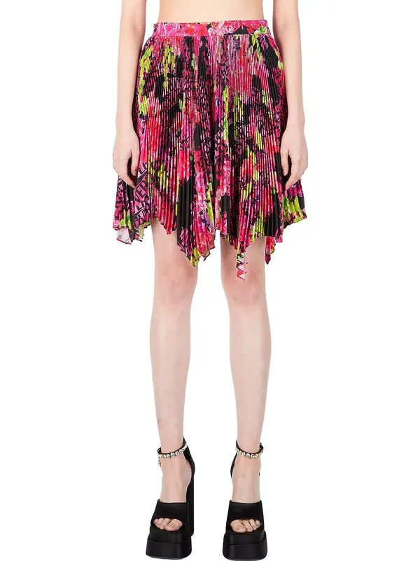Versace Pleated Floral Logo Asymmetrical Mini Skirt - Pink