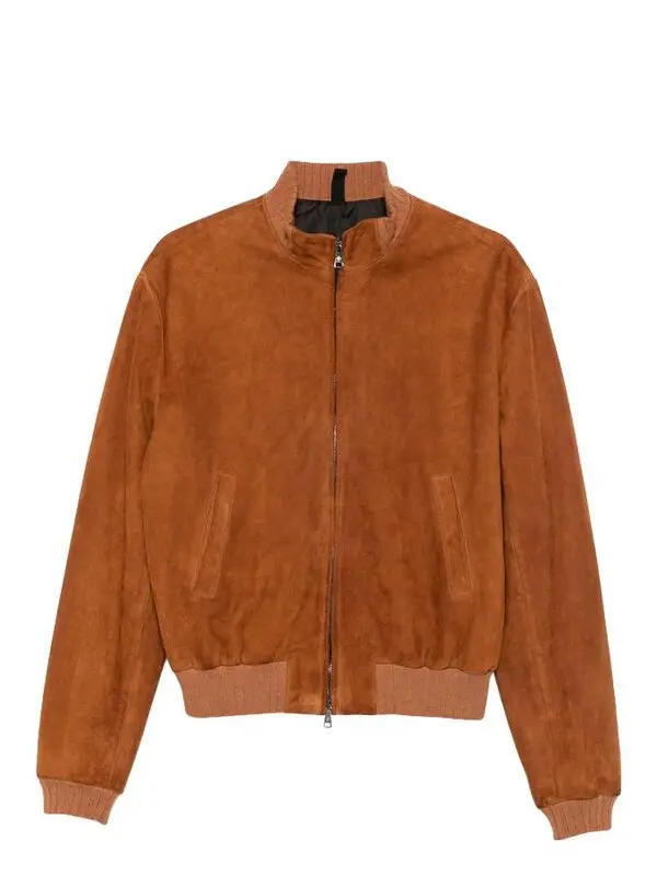 Tagliatore Suede High Neck Zip-up Jacket - Brown