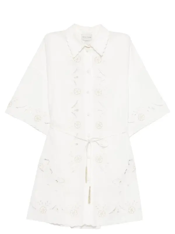 FORTE_FORTE Embroidered Cotton Shirtdress With Crystal Floral Embellishments - Multicolor