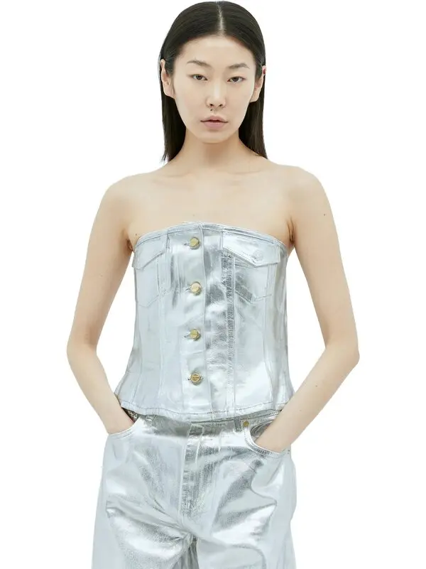 GANNI Foil Denim Corsage Top - Silver