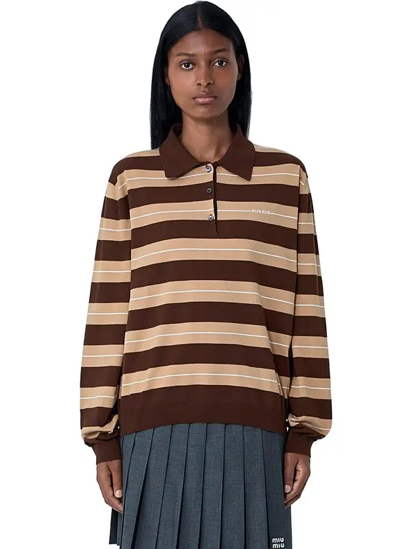 Miu Miu Cotton Striped Long Sleeve Polo Shirt - Brown
