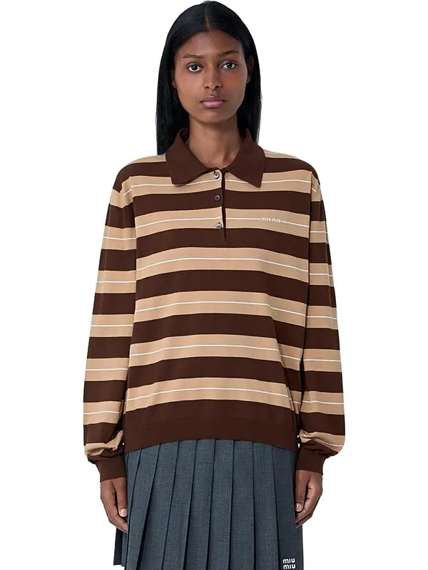 Miu Miu Cotton Striped Long Sleeve Polo Shirt - Brown
