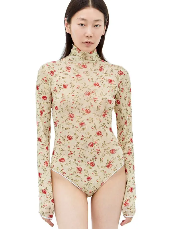 Prada Printed Stretch Tulle High Neck Bodysuit - Multicolor