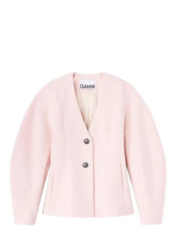 GANNI V-neck Wool Blend Blazer - Pink