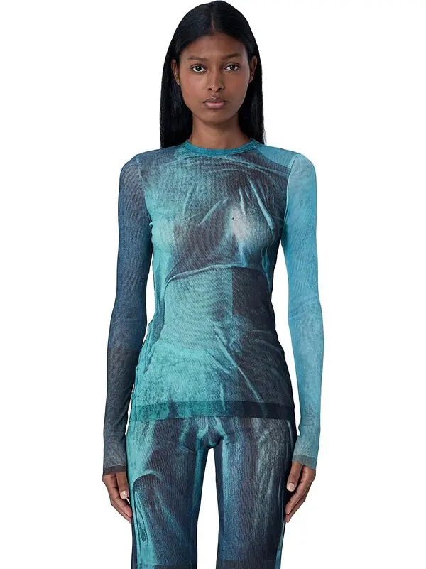 JEAN PAUL GAULTIER Water Print Mesh Long Sleeve Top - Blue