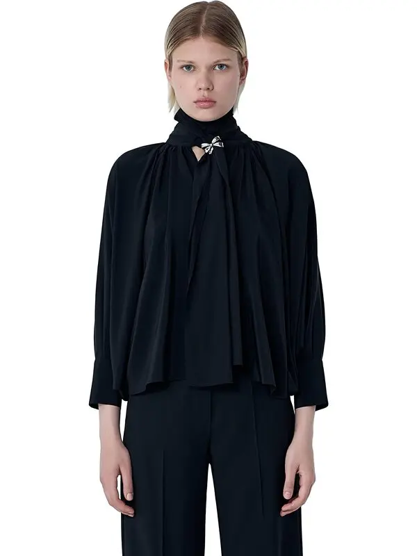 Max Mara Silk Blouse With V-neck And Self-tie - Black