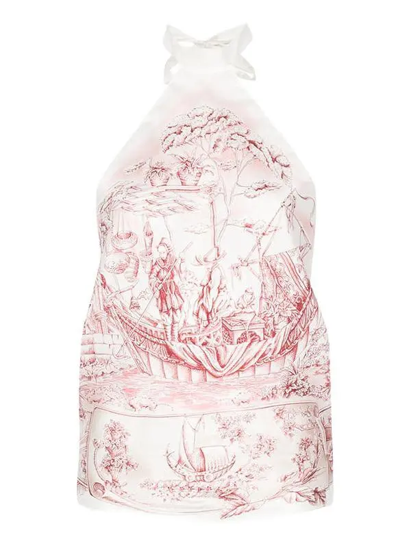 FERRAGAMO And Pink Graphic Print Halterneck Silk Top - White