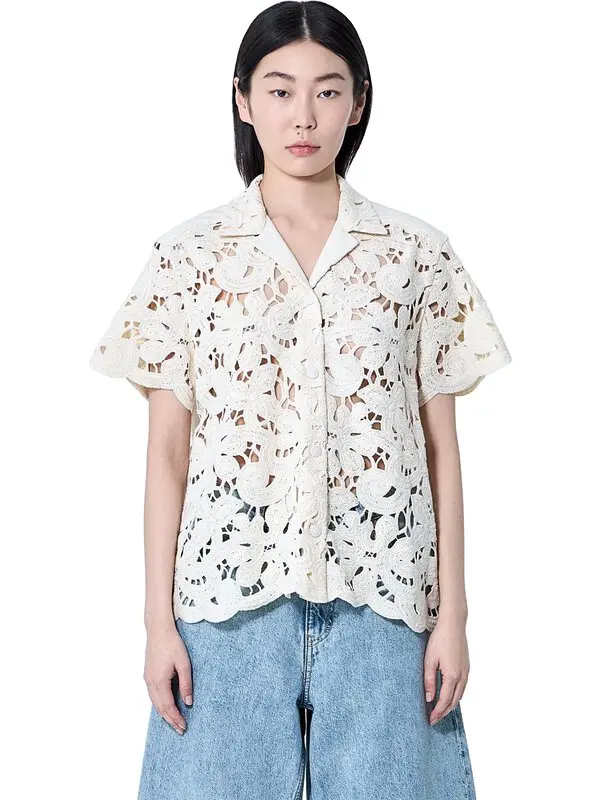 Moncler Short Sleeve Lace Button-down Shirt - White