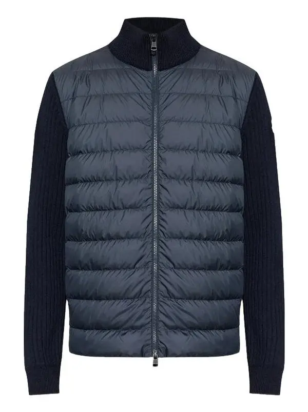 Moncler Ribbed Knit Padded Front High Neck Zip Cardigan - Blue