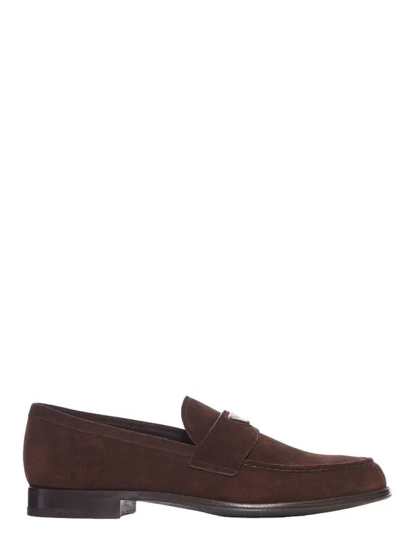 Prada Suede Loafers With Enamelled Logo Strap - Brown