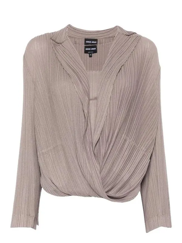 Giorgio Armani Brown Pleated Asymmetrical Fastening Long Sleeve Cropped Top - Cream