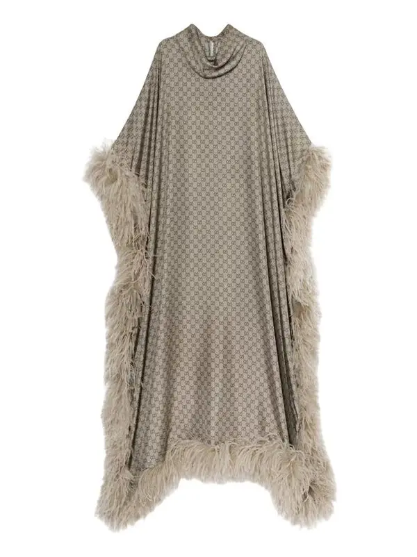 Gucci Long Printed Silk Twill Dress With Feather Trim - Brown