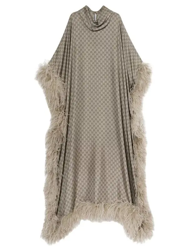 Gucci Long Printed Silk Twill Dress With Feather Trim - Brown