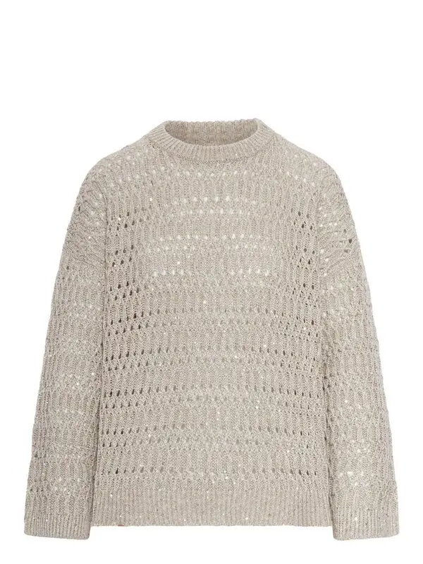 Brunello Cucinelli Openwork Linen Blend Sweater With Micro-shine Inserts - Cream
