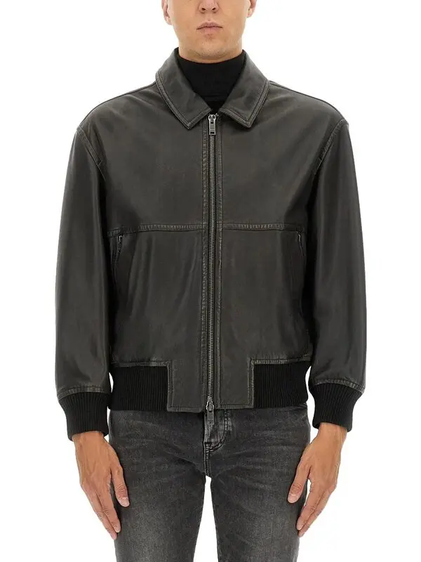 BOSS Leather Bomber Jacket - Brown