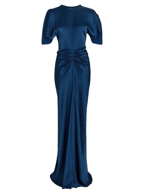 Victoria Beckham Chain Detail Halter Neck Draped Floor Length Sleeveless Gown - Blue