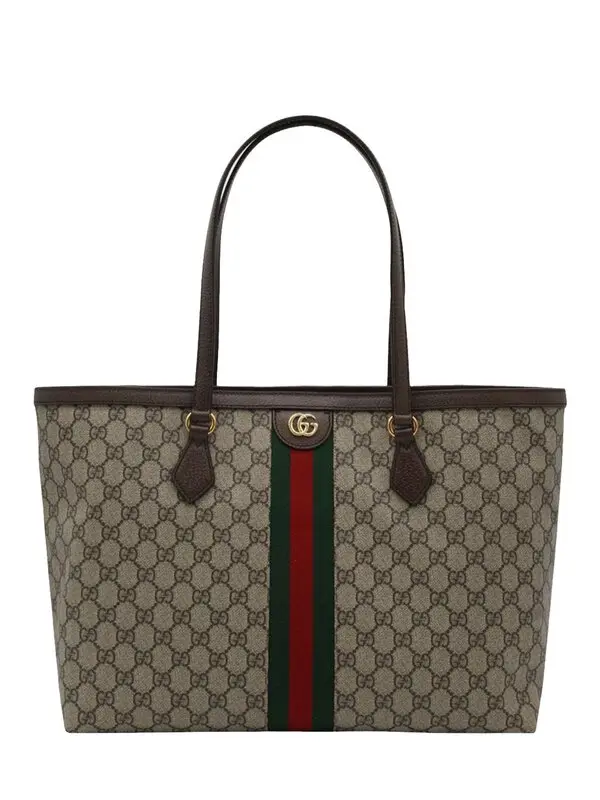 Gucci Monogrammed Canvas Shoulder Bag With Web Stripe Detail - Cream