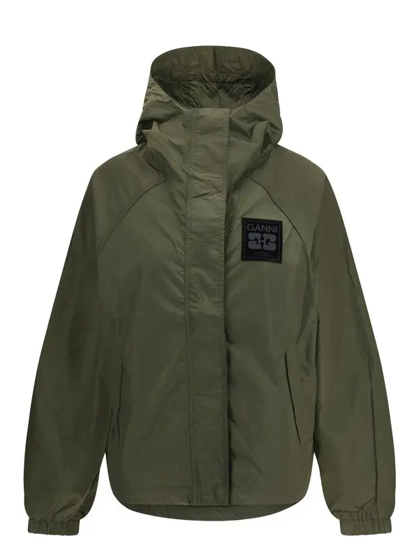 GANNI Waterproof Hooded Jacket With Logo Patch - Green