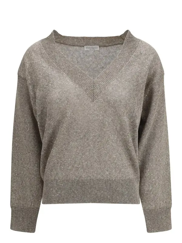 Brunello Cucinelli V-neck Sparkling Linen T-shirt - Brown