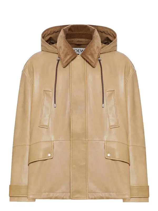 Loewe Short Parka In Lambskin And Cotton - Brown