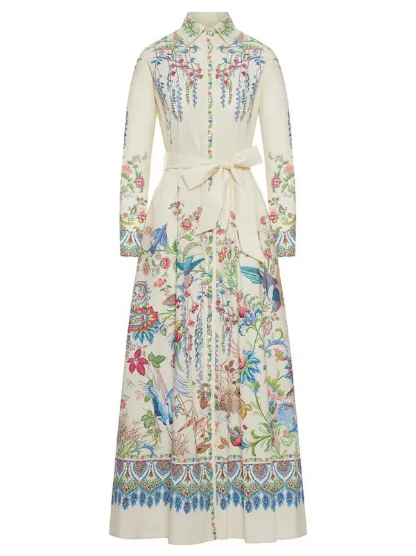 Etro Long Cotton Shirtdress With Floral Print And Belt - Multicolor
