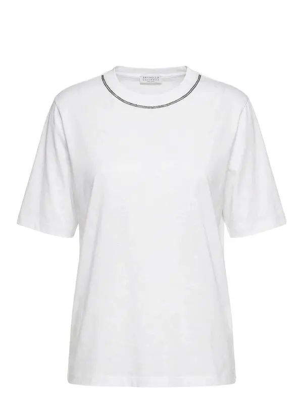 Brunello Cucinelli White Cotton T-shirt With Embellished Neckline - Multicolor