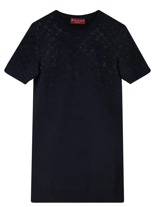 Gucci Short Sleeve Wool Dress With Gg Crystals - Multicolor