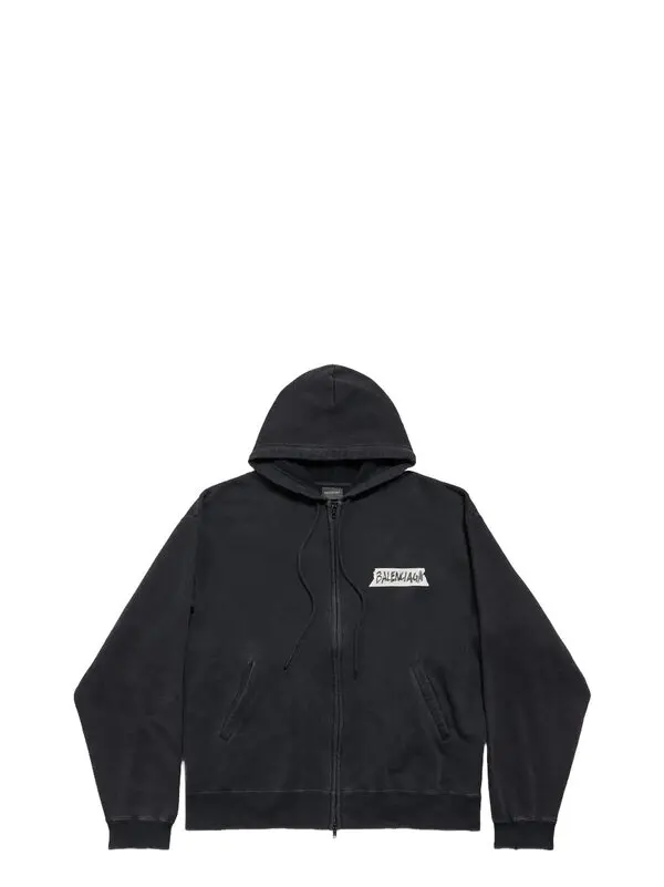 Balenciaga Full Zip Distressed Cotton Hoodie - Black