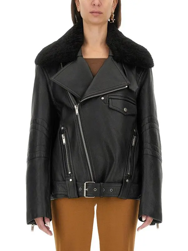 Saint Laurent Leather Biker Jacket With Fur Trim - Black
