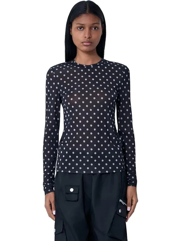 GANNI Printed Sheer Mesh Crewneck Long Sleeve Top - Black
