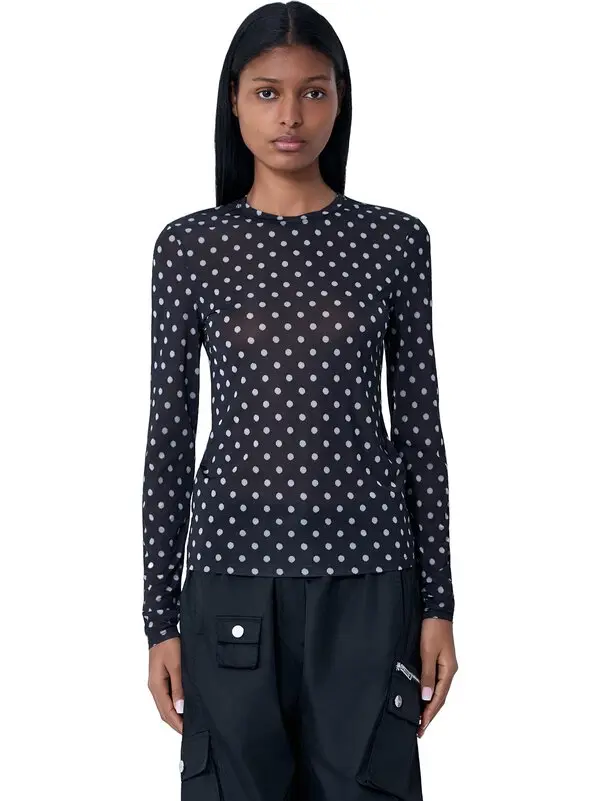 GANNI Printed Sheer Mesh Crewneck Long Sleeve Top - Black