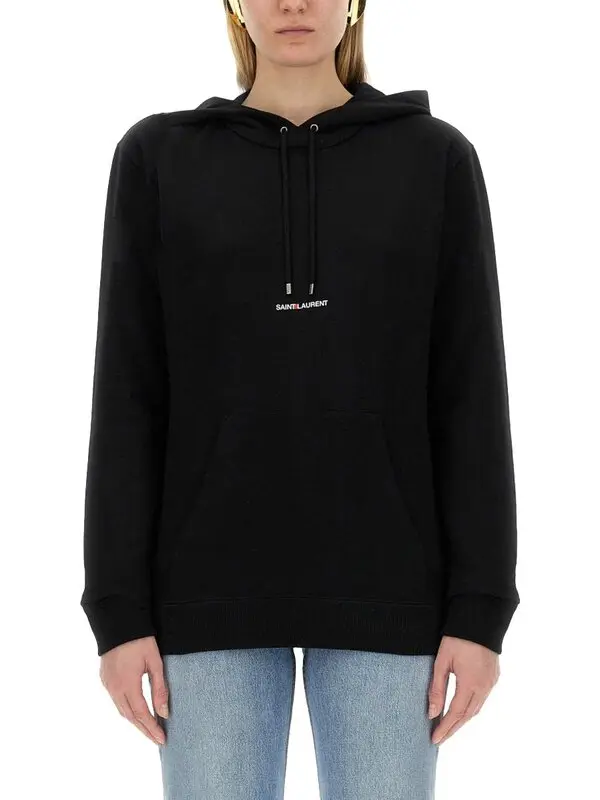 Saint Laurent Logo Print Cotton Hoodie - Black